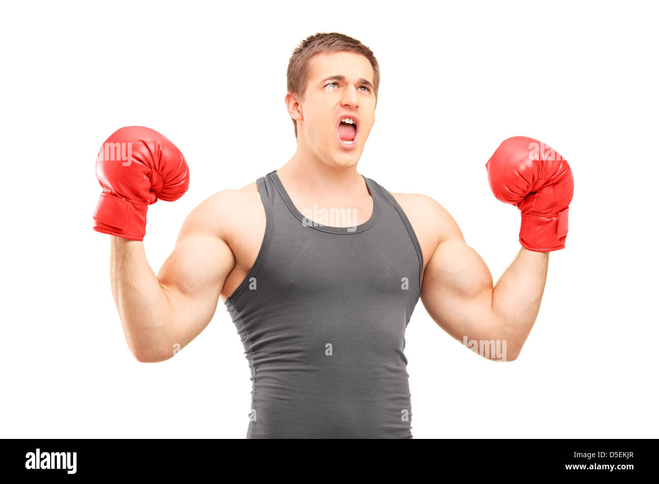 Male boxer with red boxing gloves gesturing happiness isolated on white ...