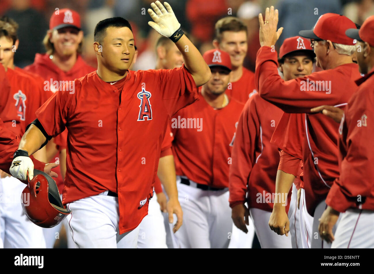 Anaheim, California, USA. 30th March, 2013. Angels' Hank Conger hits a ...