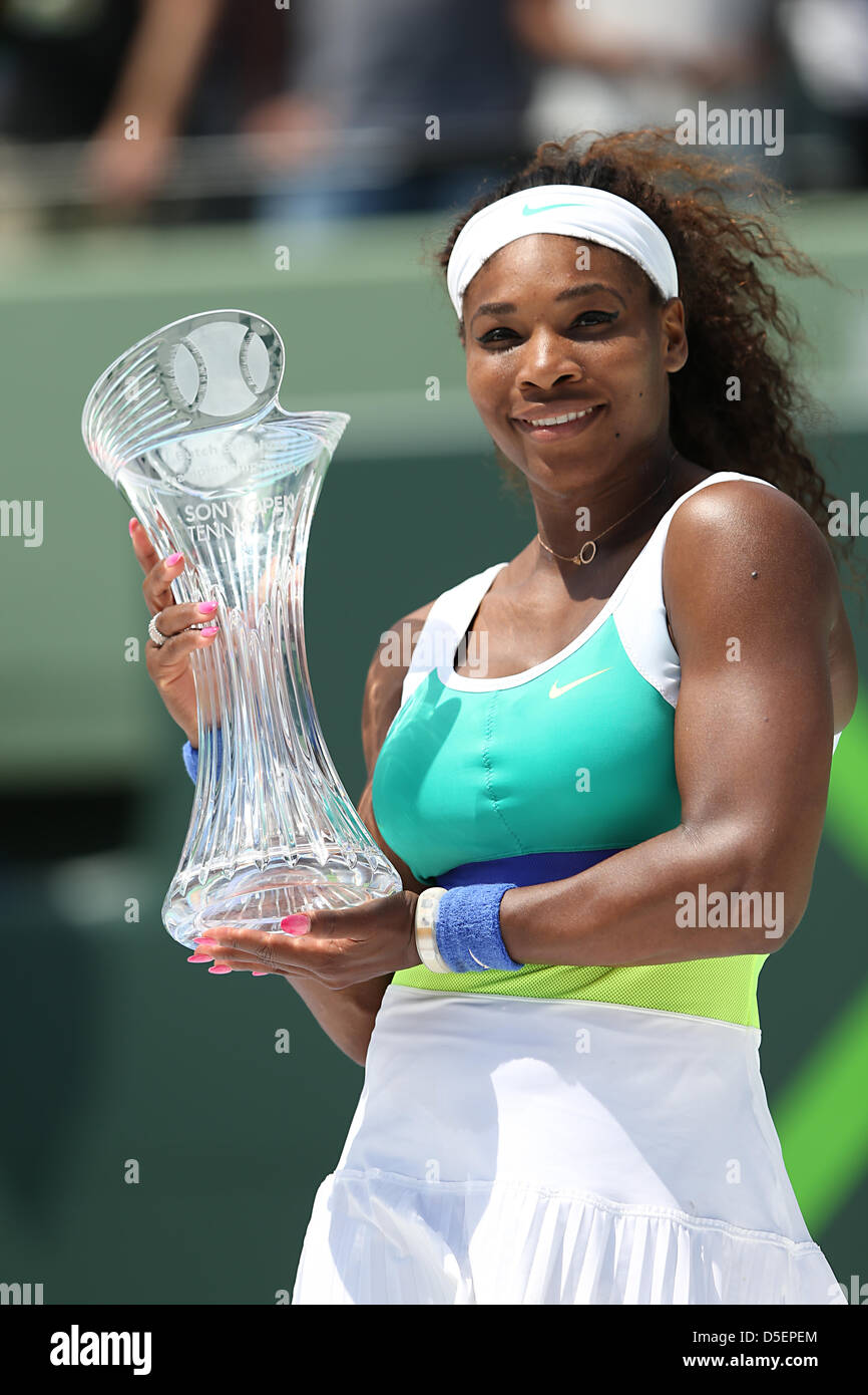 Miami, FL - Serena Williams of USA with champion trophy during day 13 ...