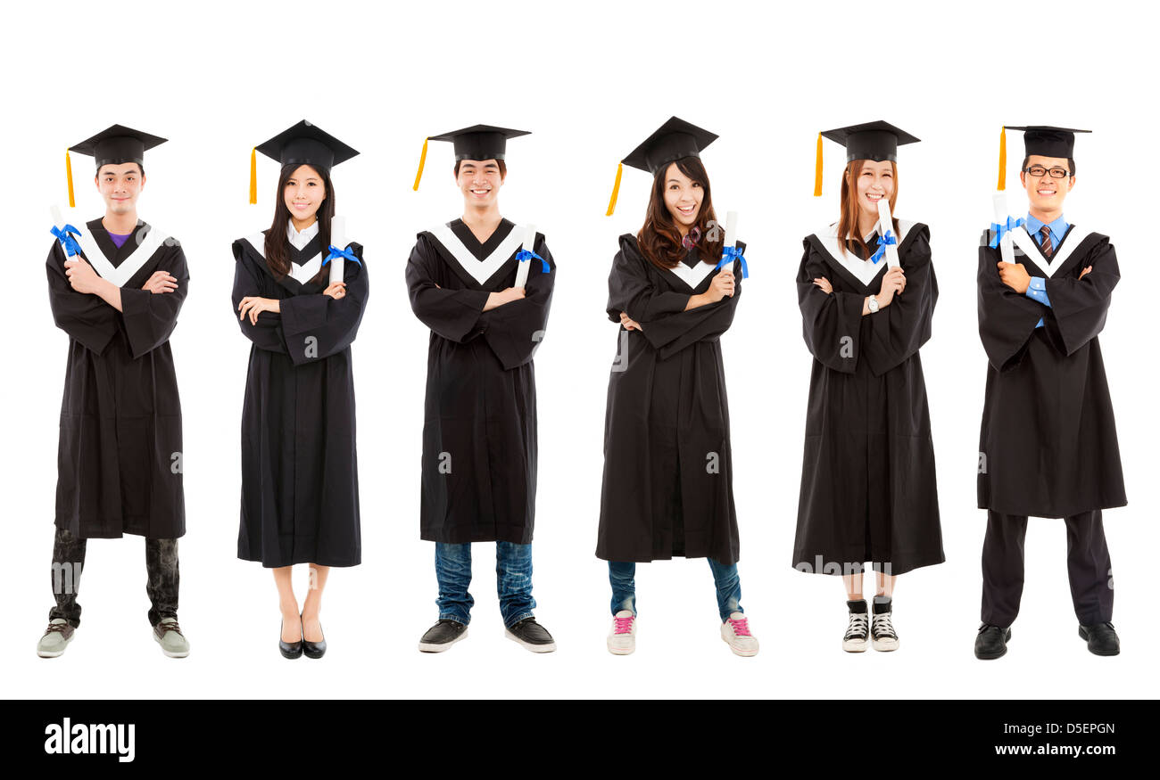 full length of happy young graduate students group Stock Photo - Alamy