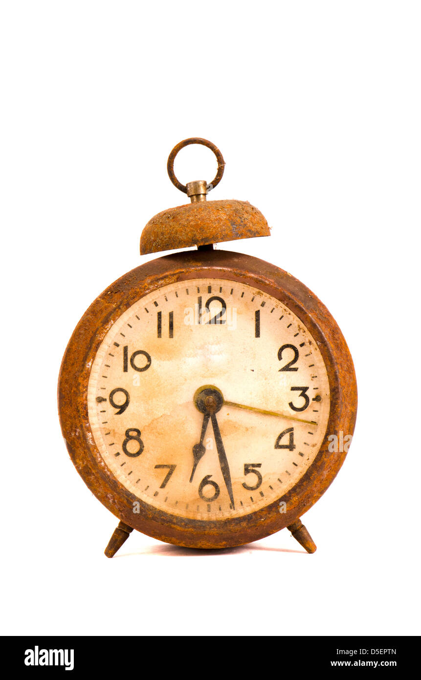 vintage rusty analogue alarm-clock isolated on white Stock Photo - Alamy