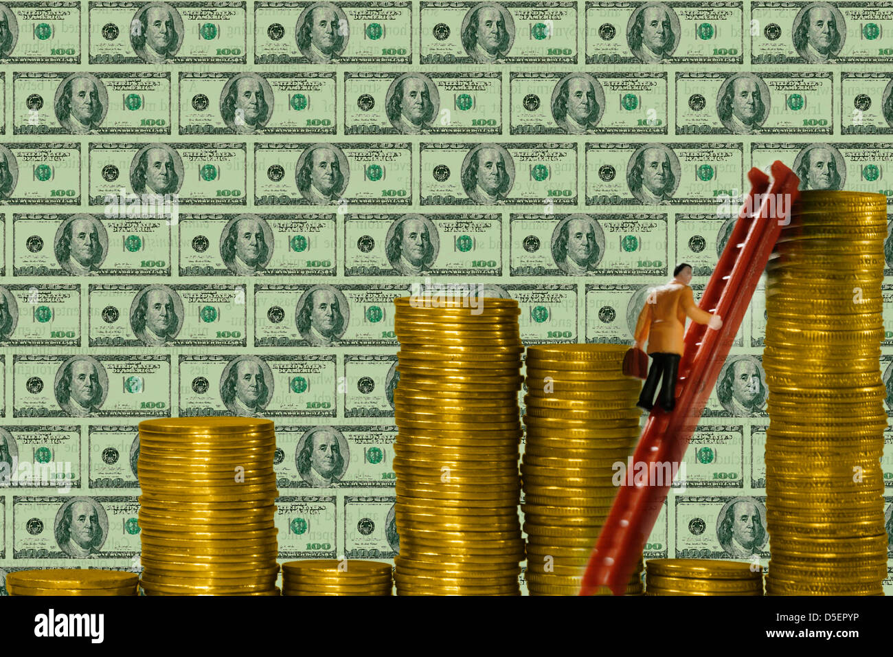 Coin Stack with arrow, bar graph, man with ladder concept Stock Photo ...