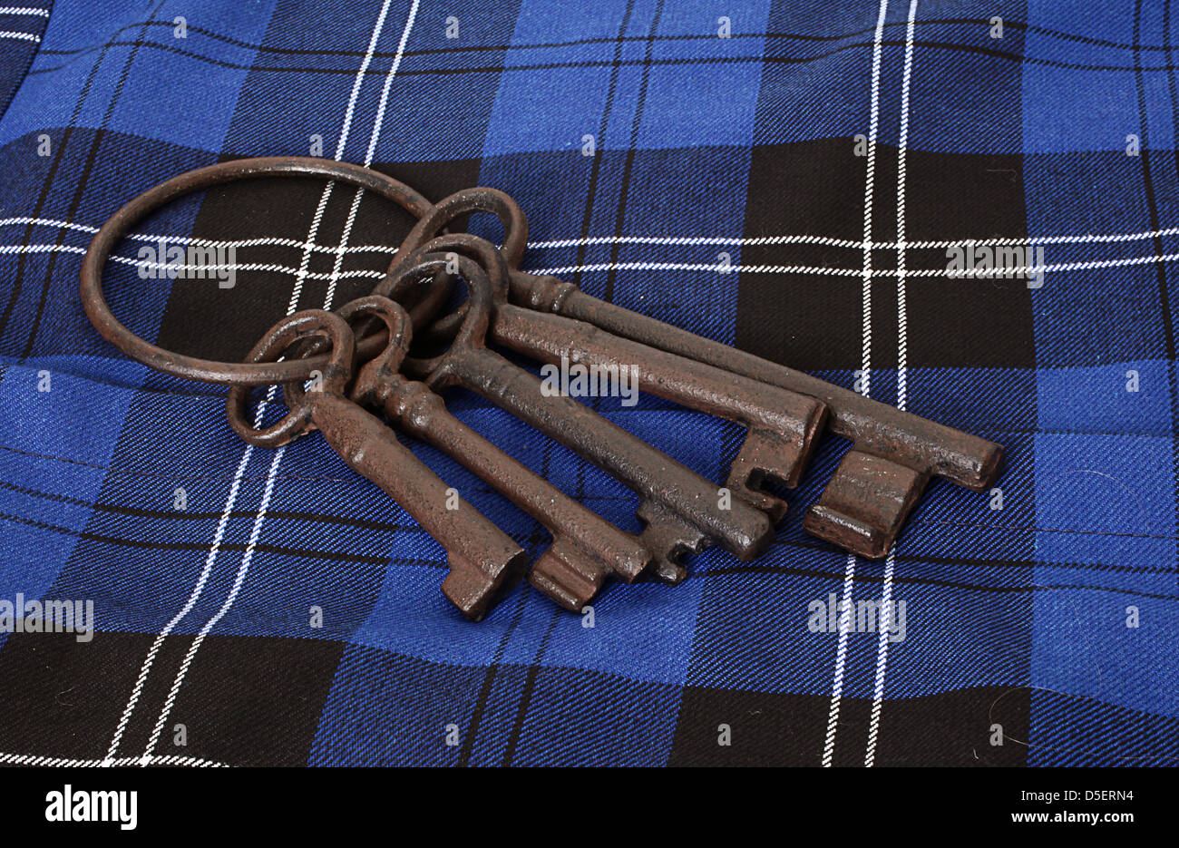 Large set of jail keys on a tartan background, Studio shoot in March ...