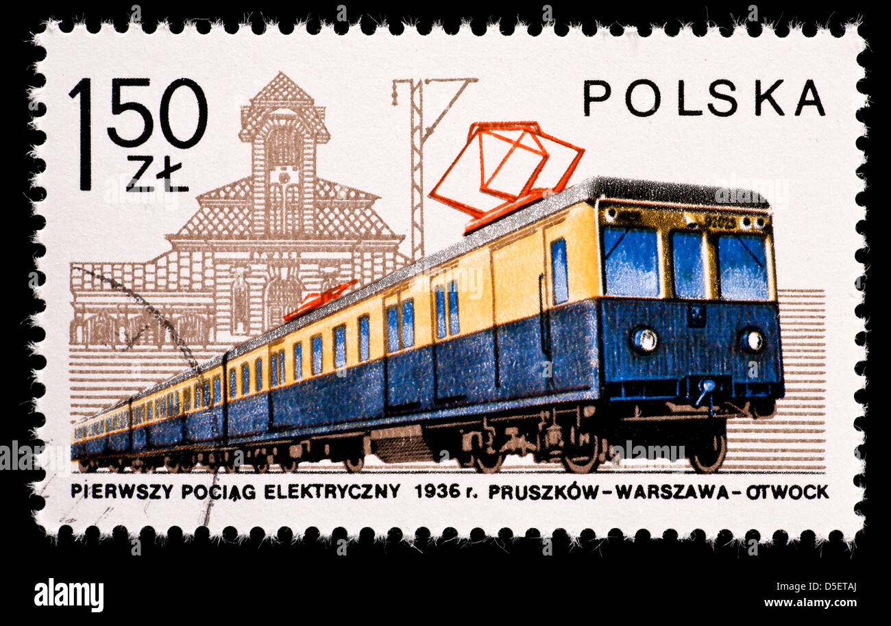 Postage stamp from Poland depicting an electric train and Otwock ...