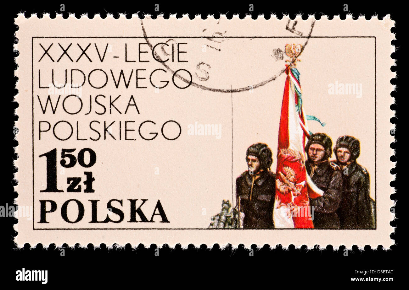 Postage stamp from Poland depicting a three man color guard in training ...
