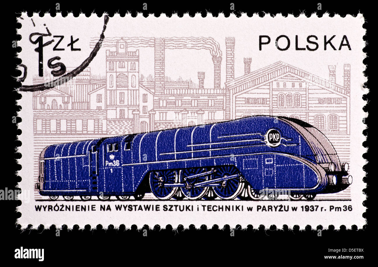 Postage stamp from Poland depicting a Pm36 steam locomotive and the ...
