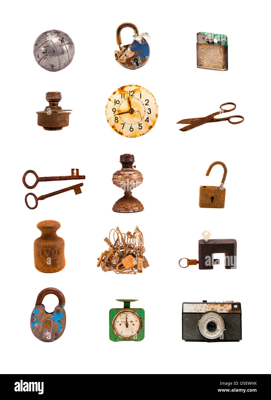 various old objects and tools assorted group isolated on white Stock ...
