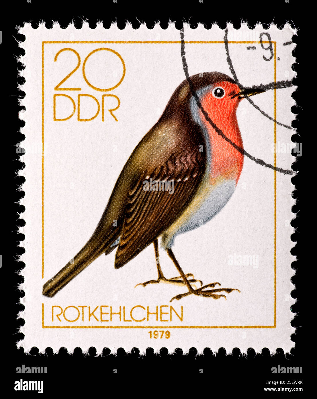 Postage stamp from East Germany depicting a European Robin (Erithacus ...