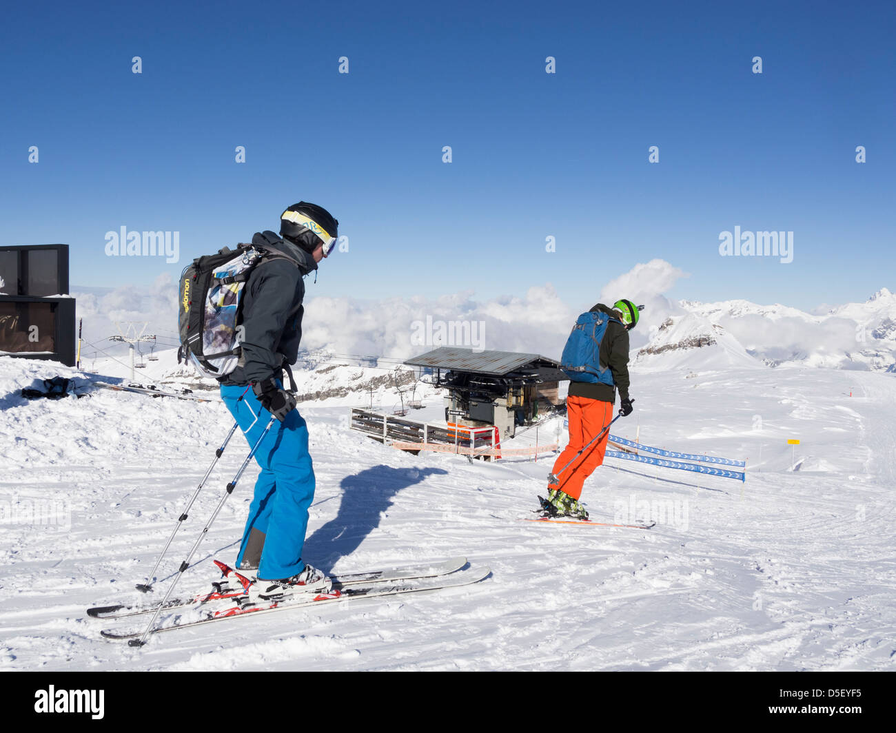 Two men skiers skiing on Les Grandes Platieres in Le Grand Massif ski ...