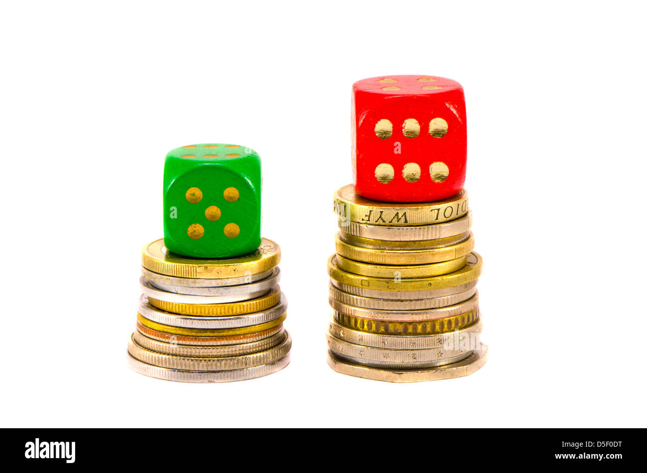 winning cash coins and dice isolated on white background Stock Photo ...