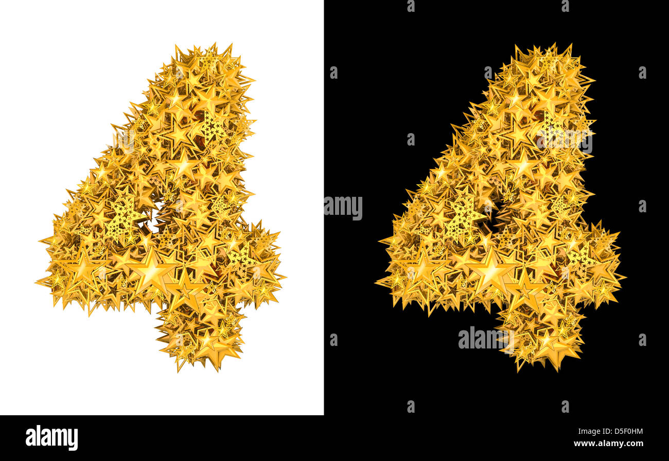Gold shiny stars number 4, black and white background Stock Photo - Alamy