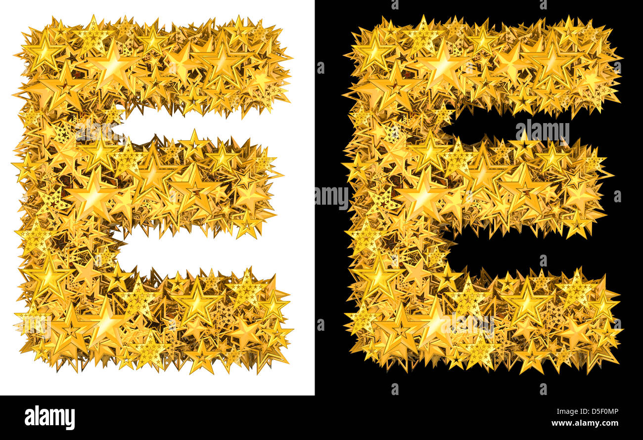 Gold shiny stars letter E, black and white background Stock Photo - Alamy