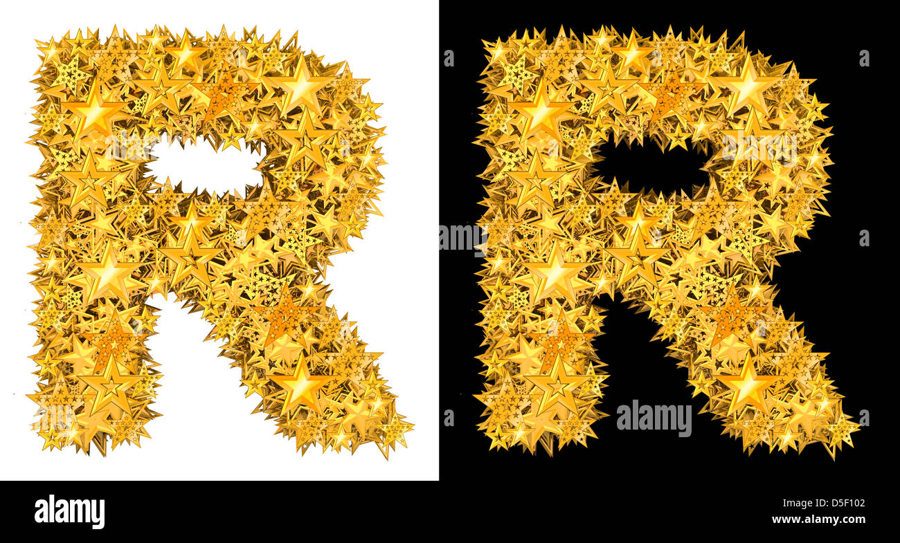 Gold shiny stars letter R, black and white background Stock Photo - Alamy