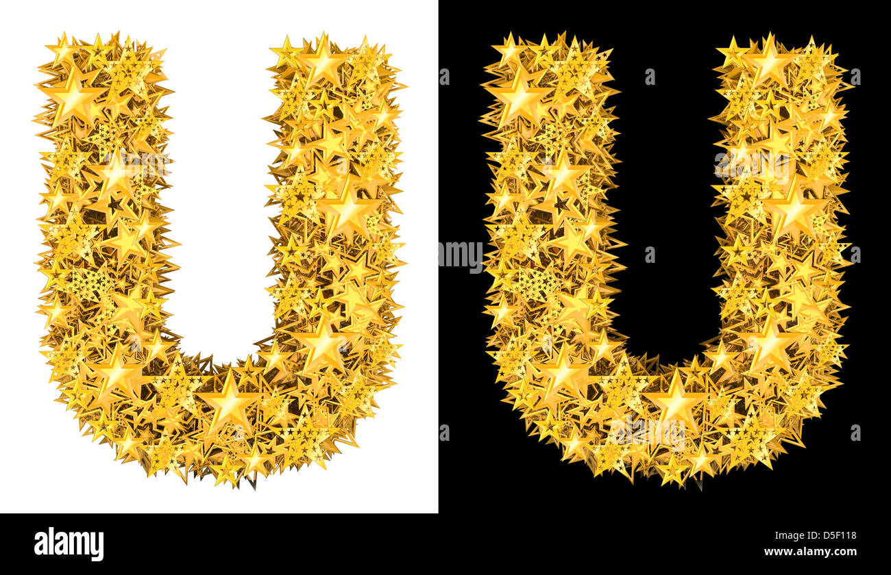 Gold shiny stars letter U, black and white background Stock Photo - Alamy