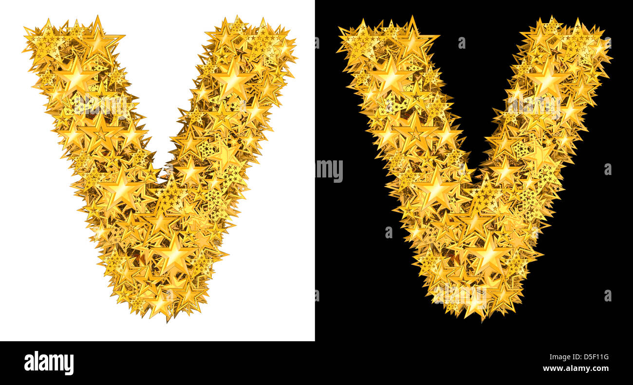 Gold shiny stars letter V, black and white background Stock Photo - Alamy