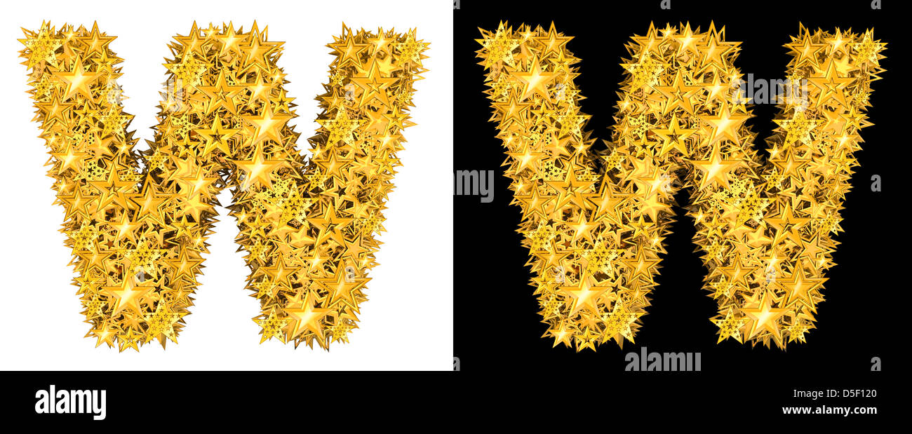 Gold shiny stars letter W, black and white background Stock Photo - Alamy