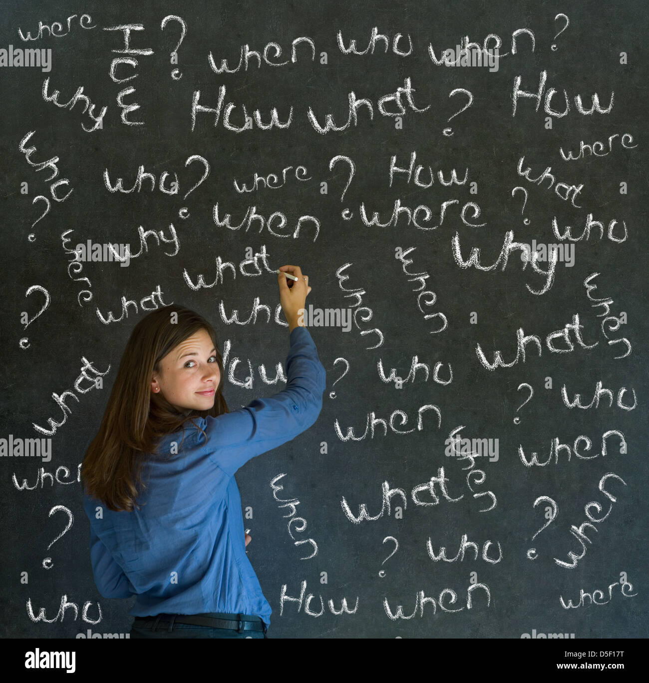 Thinking business woman, student or teacher asking what why when were ...