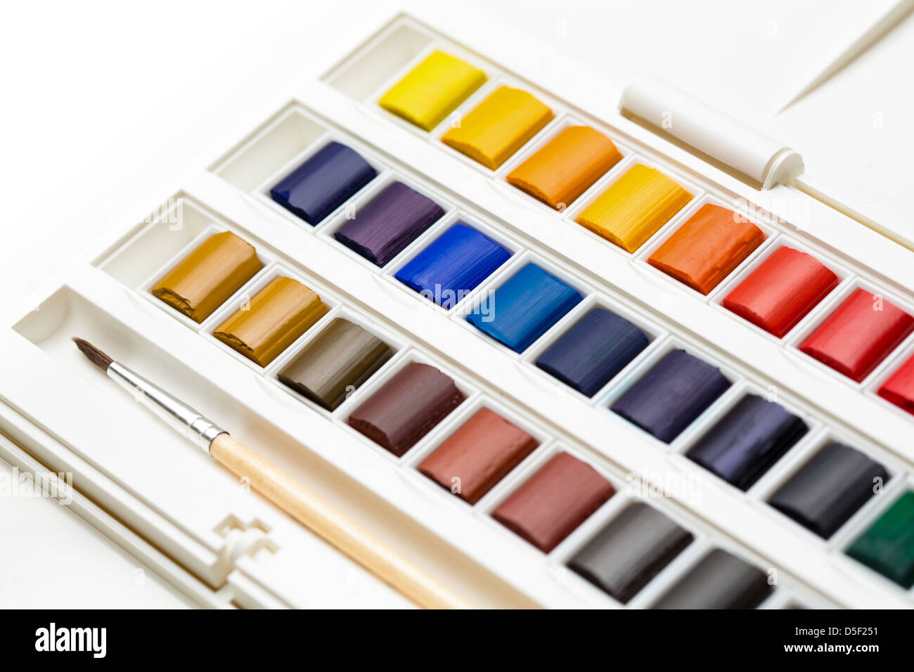 watercolour box and brush closeup Stock Photo - Alamy