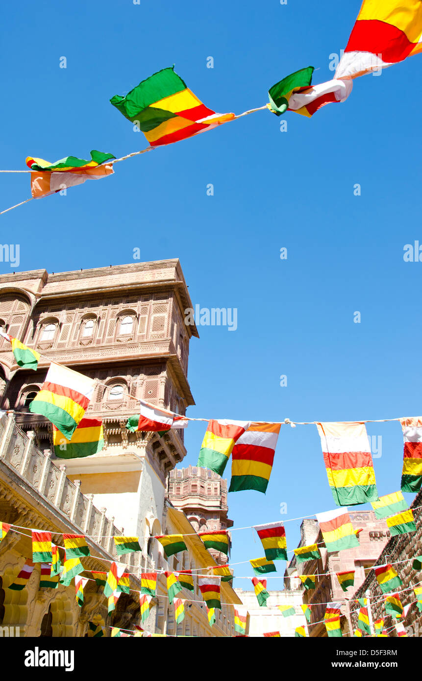 colorful flags in Mehrangarh Fort in Jodhpur, Rajasthan, India Stock ...
