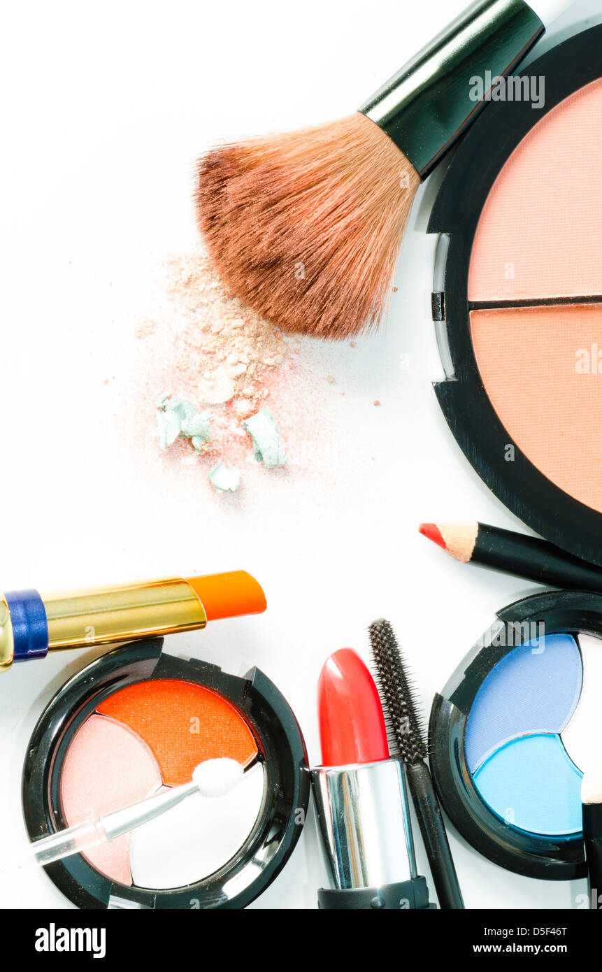 Makeup collection on white background Stock Photo - Alamy