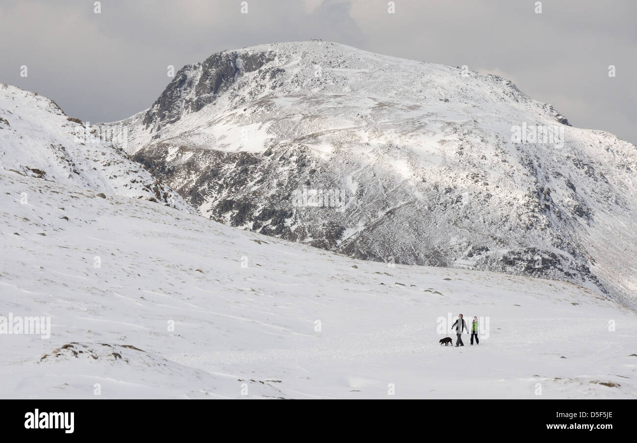 Walkers next to Sprinkling Tarn in winter in the English Lake District ...
