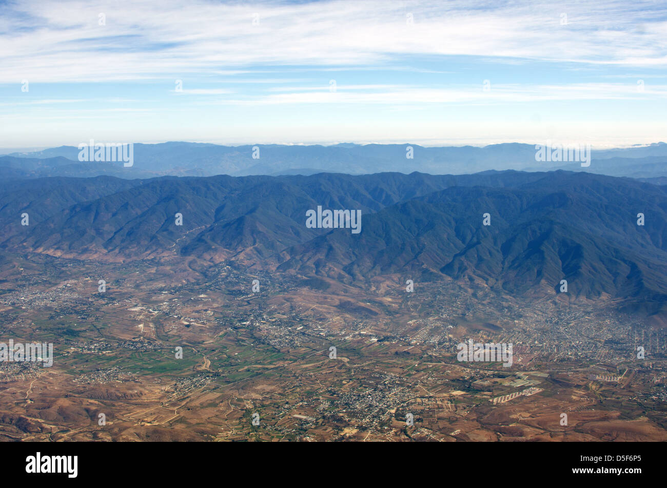 Aerial view of small towns in the valley outside Oaxaca de Juarez ...