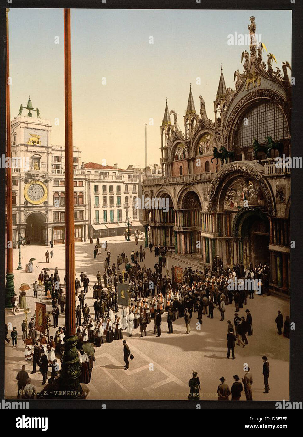 A historical photograph of a procession in front of St. Mark's Basilica ...