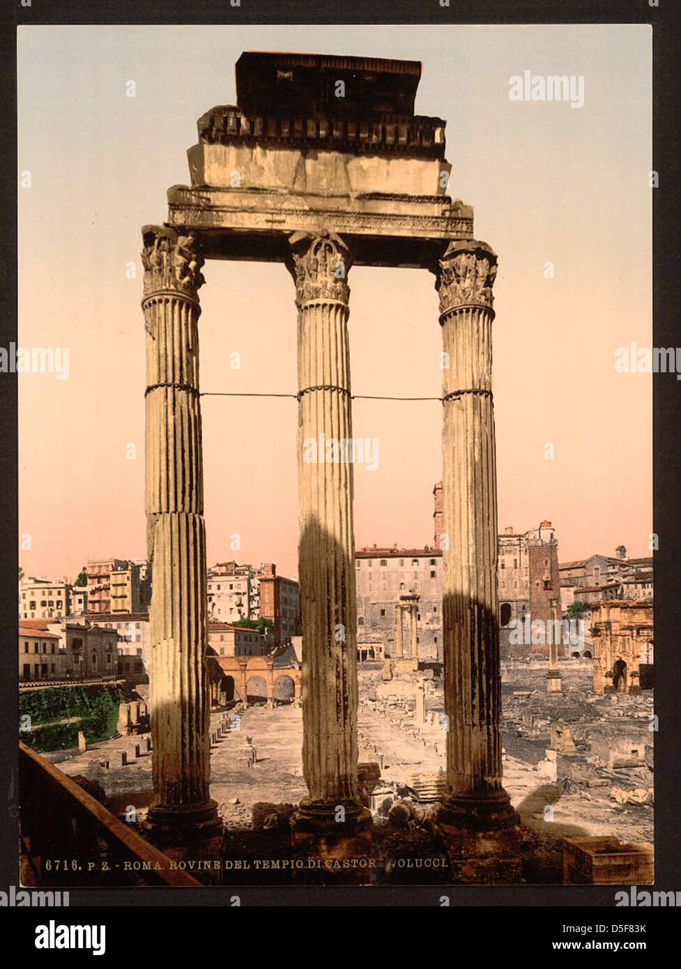 The image depicts the ruins of the Temple of Castor and Pollux in Rome ...