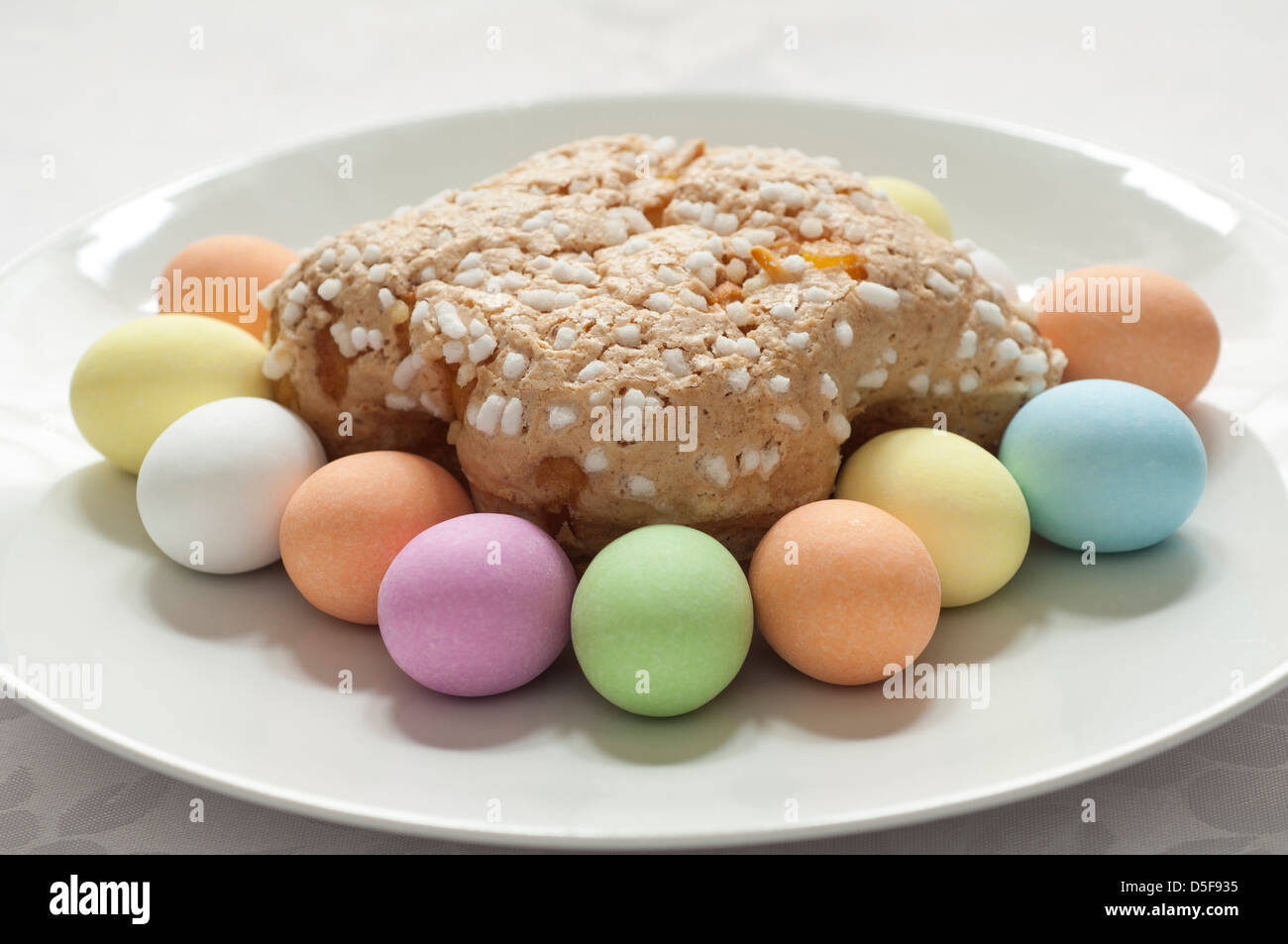 Cloe-up view of Italian traditional organic Easter Dove with chocolate ...
