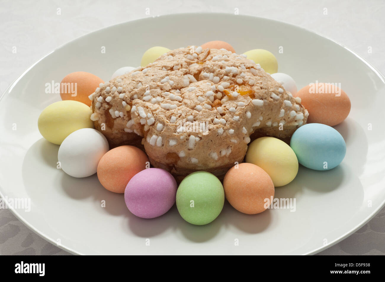 Cloe-up view of Italian traditional organic Easter Dove with chocolate ...