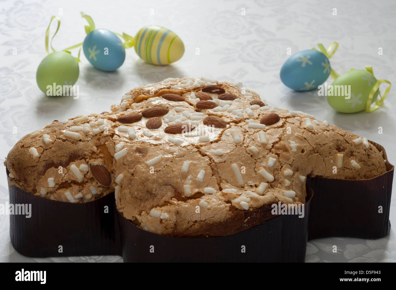 Cloe-up view of Italian traditional organic Easter Dove with chocolate ...