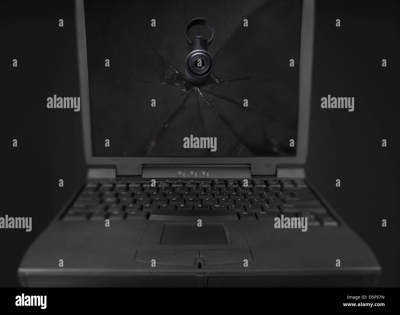 the gun's barrel breaks the laptop screen and passes through it. Low ...