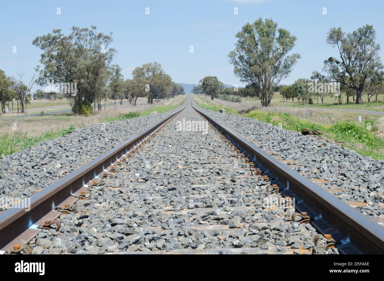 Steel sleeper ties on flat bottom rails Stock Photo - Alamy
