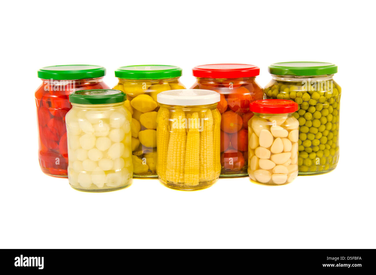 various potted vegetables glass jars group isolated on white background ...