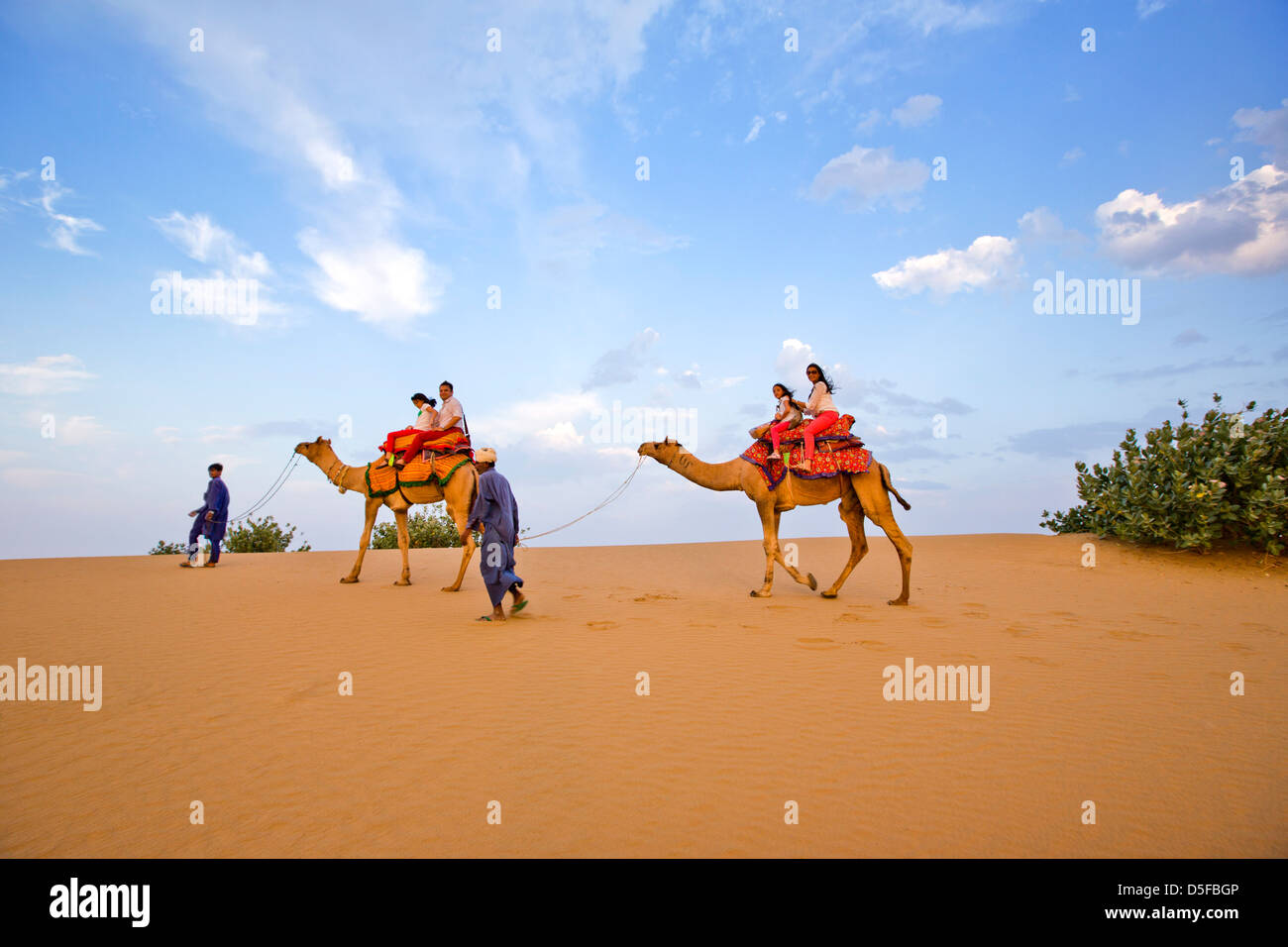 Tourists enjoying the camel safari in a desert, Thar Desert, Jaisalmer ...