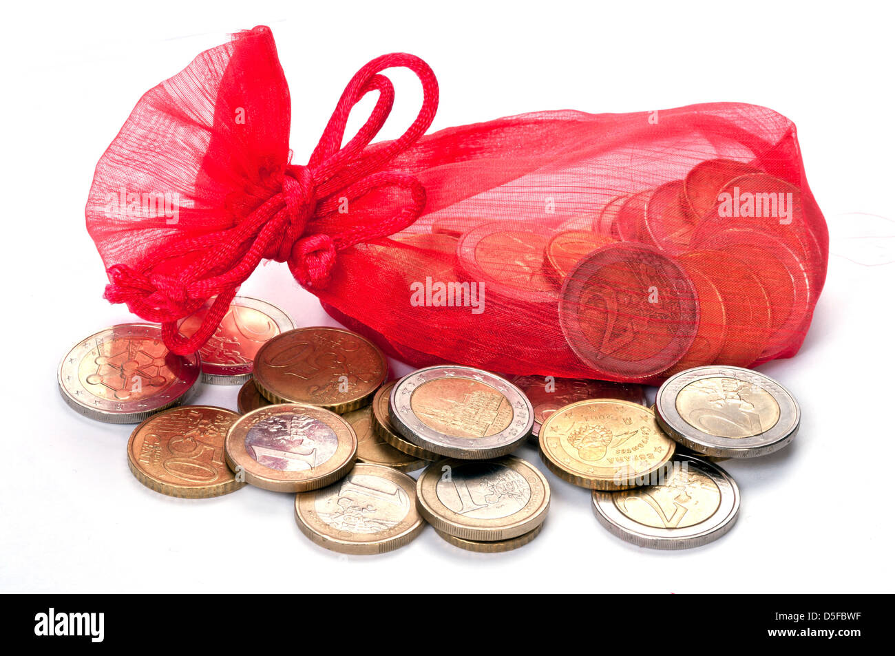 Red bag with euro coins on white with shadow Stock Photo - Alamy