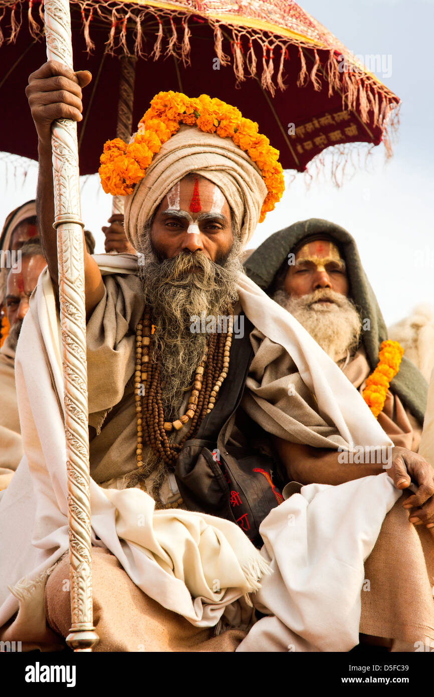 Sadhus during the first royal bath procession in Kumbh Mela festival ...
