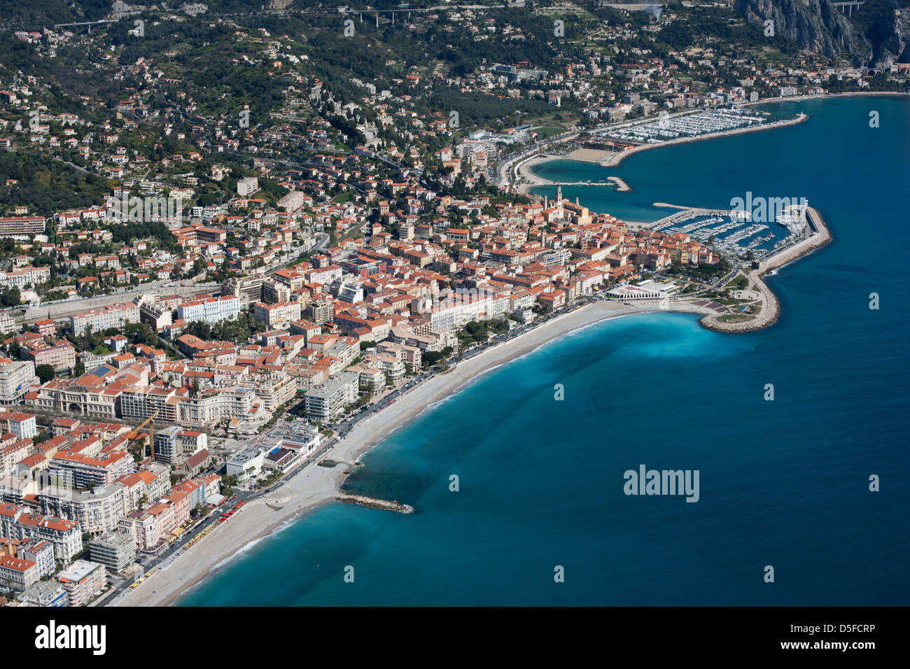 AERIAL VIEW. the old town and the marina of Menton. French Riviera ...