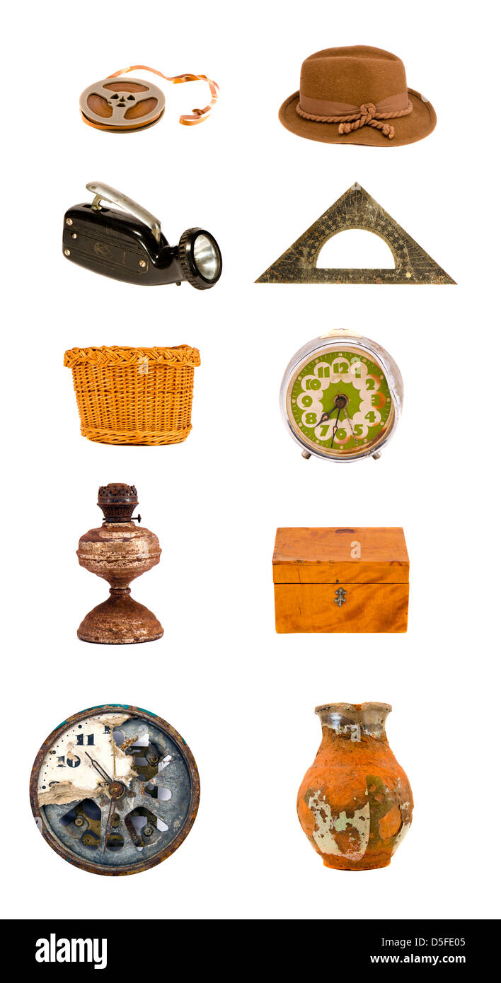 assorted various old objects and tools collection isolated on white ...