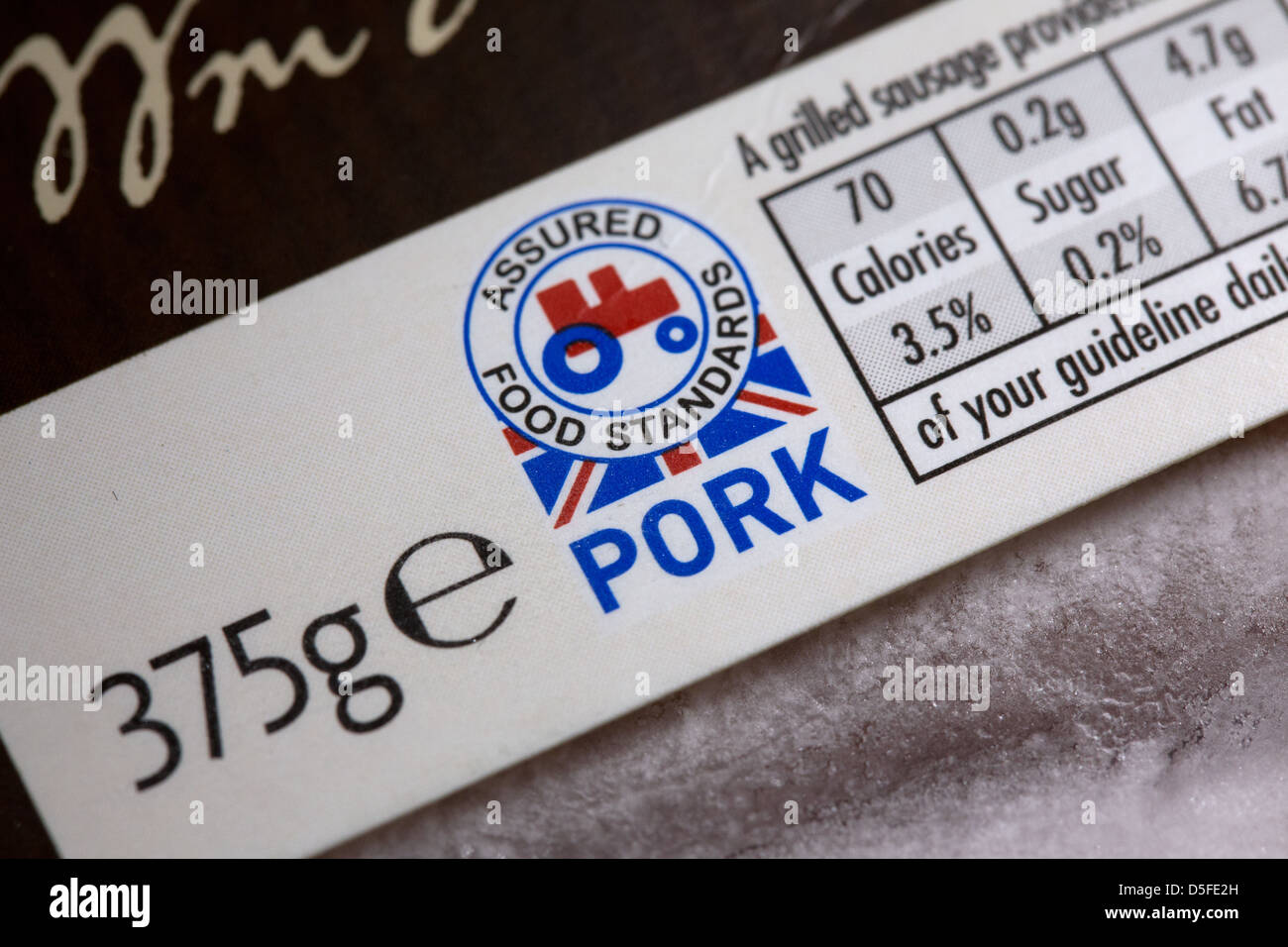 Assured Food Standards Label on a pack of British Pork Sausages Stock ...