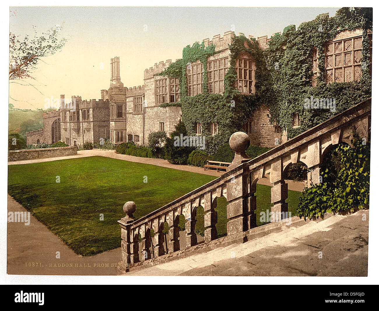 Haddon Hall in Derbyshire, England, is depicted here with its historic ...