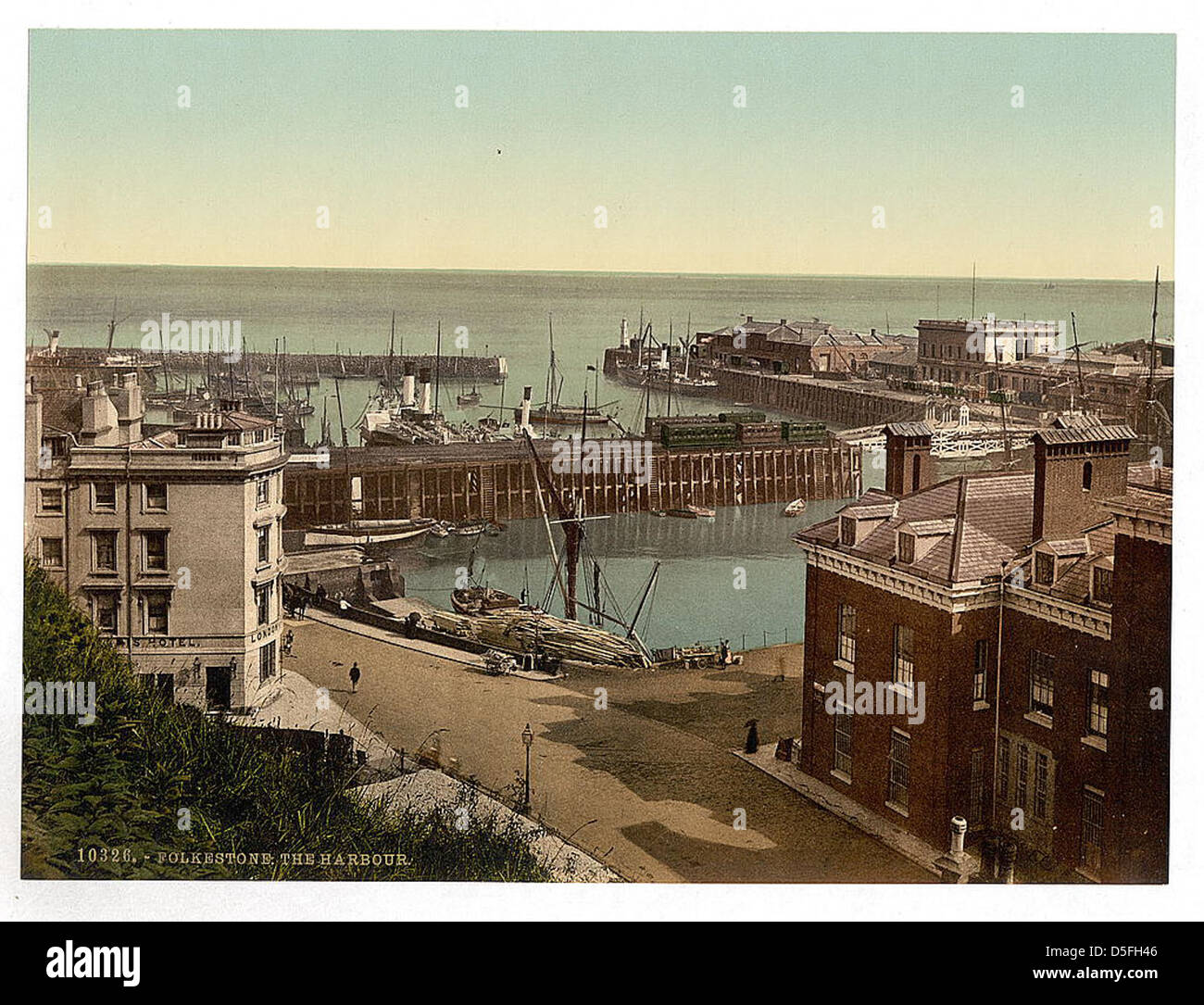 This image depicts the harbor at Folkestone, England, showcasing the ...