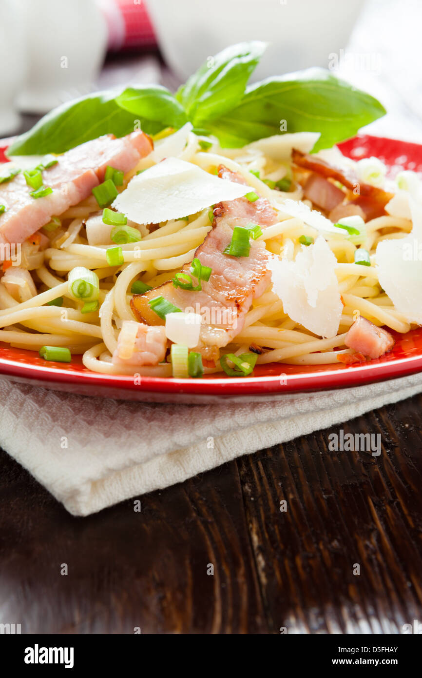 spaghetti with ham and cheese, closeup Stock Photo - Alamy