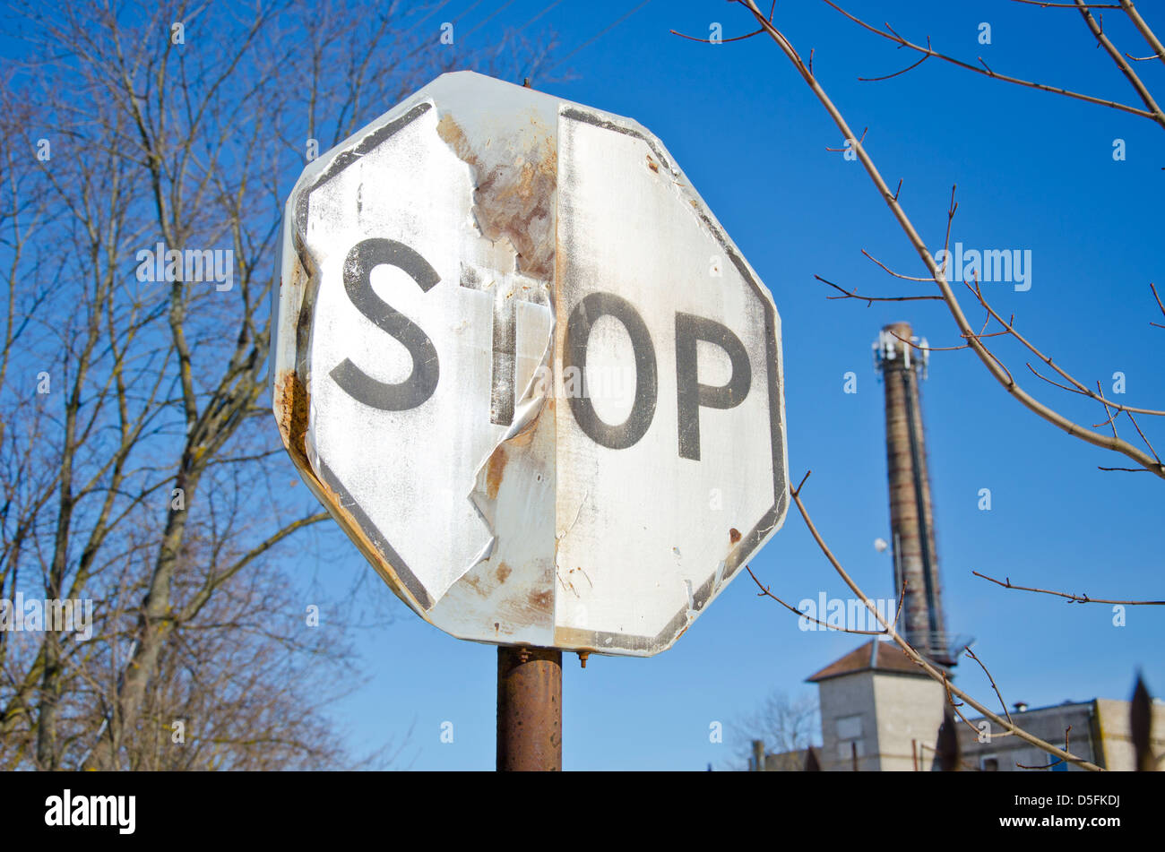 conceptual sign stop and air pollution smokestack landscape. Ecology ...