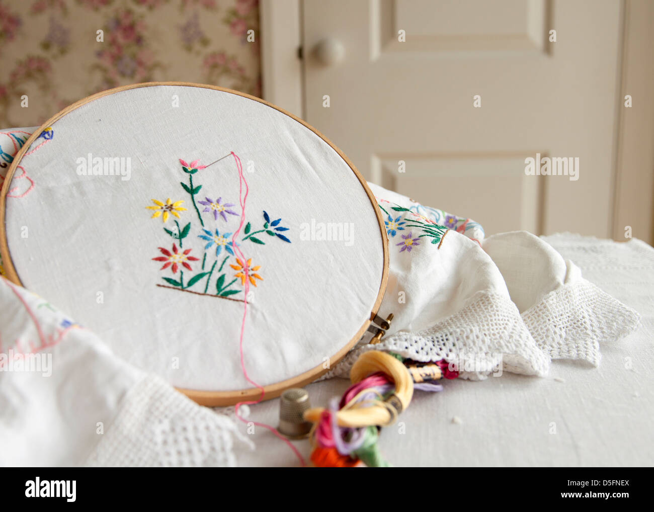 Hand embroidery using an embroidery ring Stock Photo - Alamy