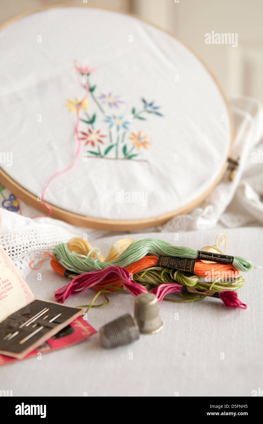 Hand embroidery using an embroidery ring Stock Photo - Alamy