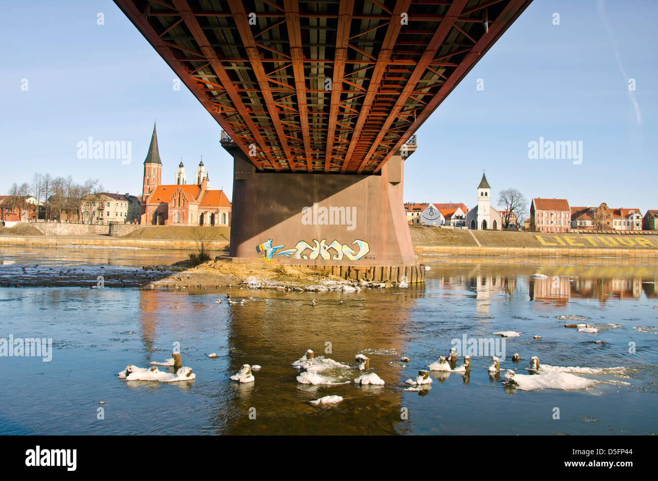 Kaunas city panorama and bridge on Nemunas river in spring Stock Photo ...