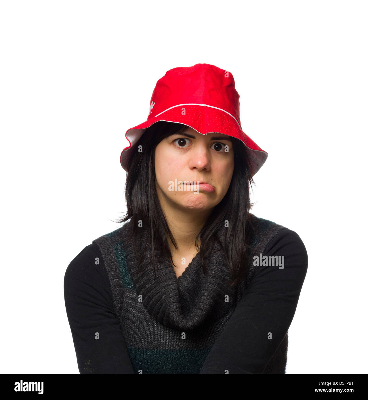 Goofy portrait of a woman wearing a red hat isolated on white ...