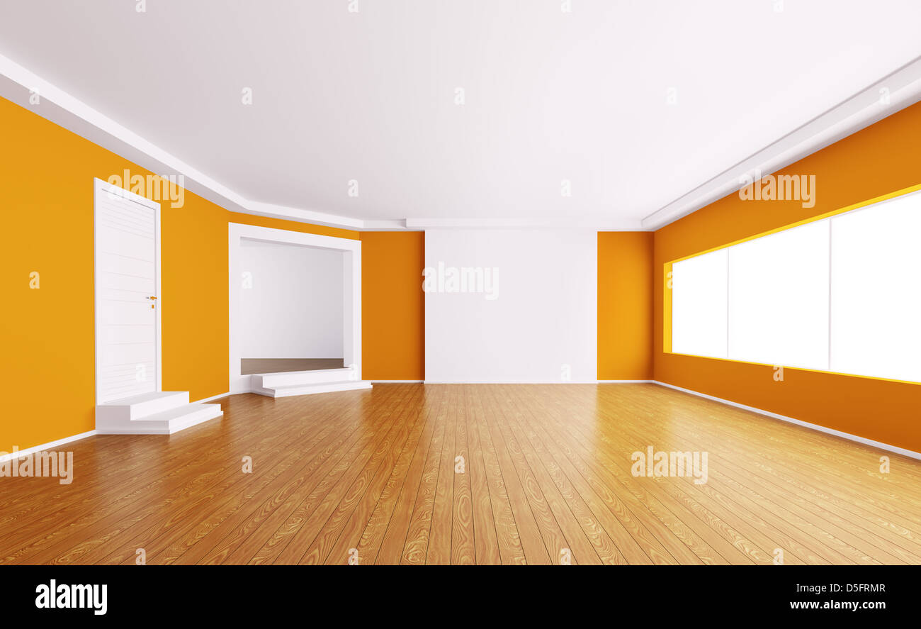 Interior of modern empty orange white room 3d render Stock Photo - Alamy