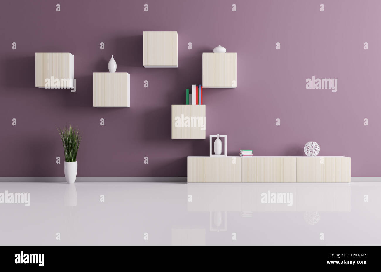 Interior of living room with shelves background 3d render Stock Photo ...